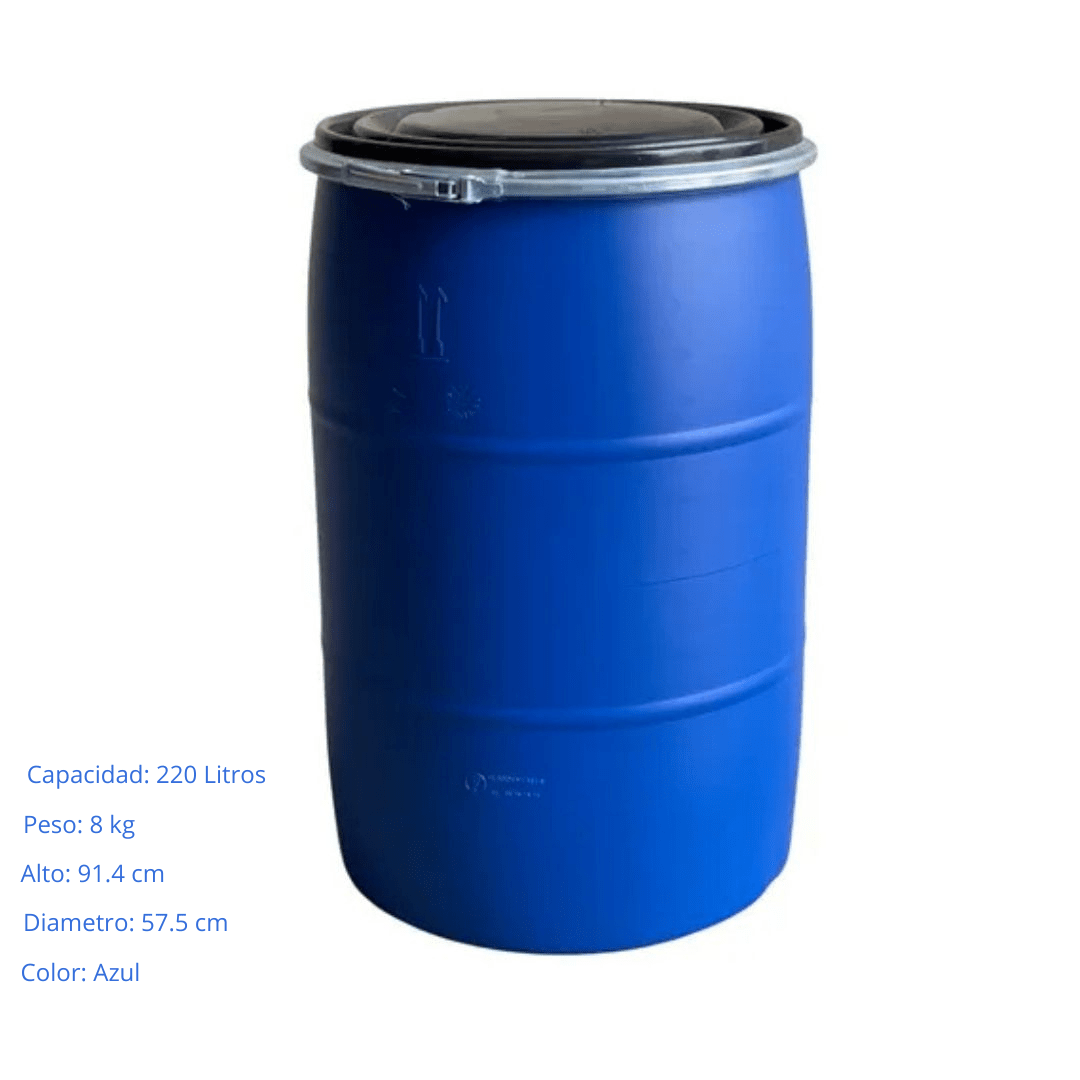 TAMBO DE PLÁSTICO AZUL REY ABIERTO DE 220 LITROS CON TAPA Y CINCHO ...